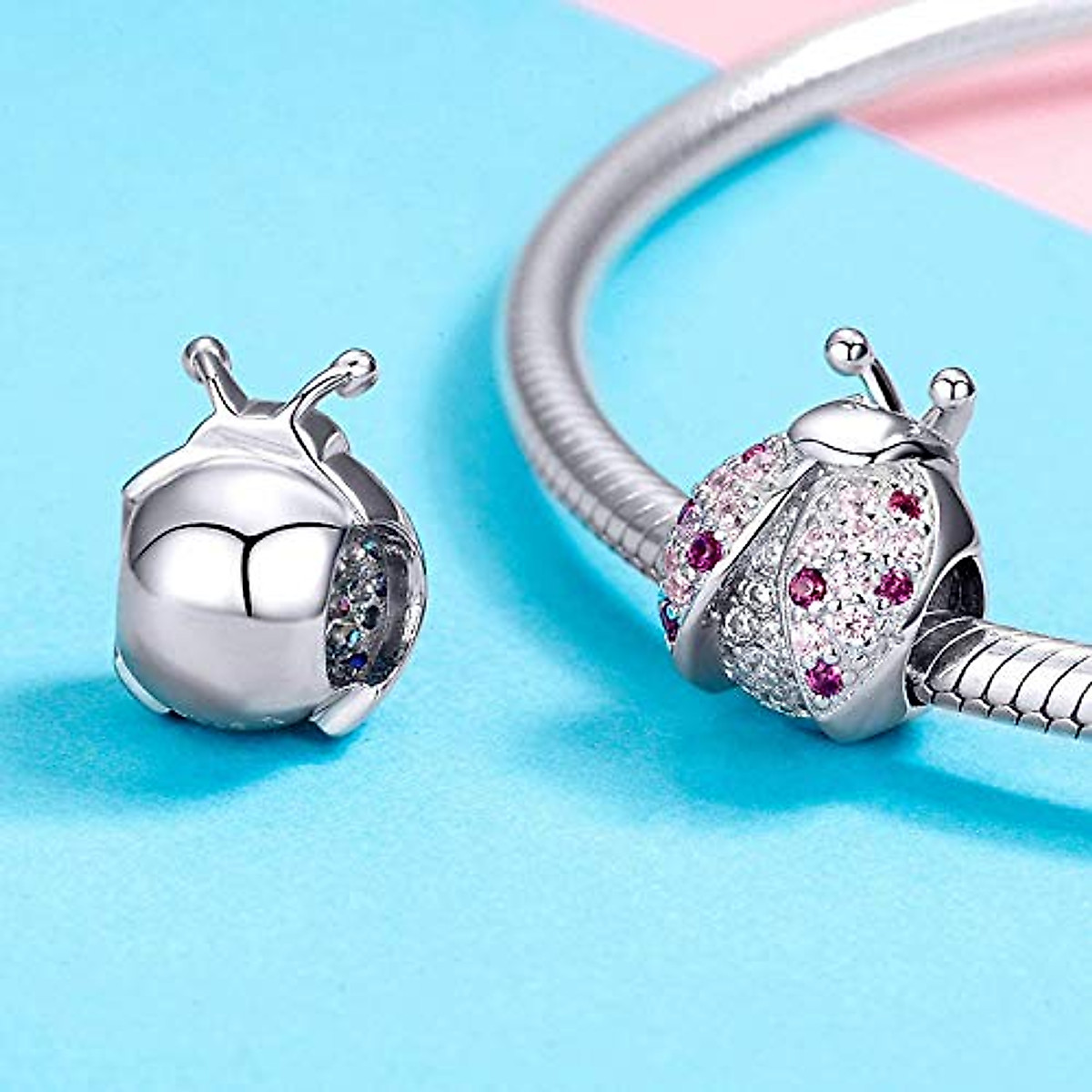 Insect Charm 925 Sterling Silver bee,Butterfly, Dragonfly, Animal Charms Fit on 3mm Pandora Snake Chain Bracelet (Ladybug)