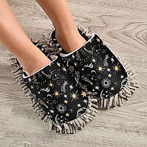 Kigai Microfiber Cleaning Slippers Yellow Stars and White Moon Washable Mop Shoes Slipper for Men/Women House Floor Dust Cleaner, Size M