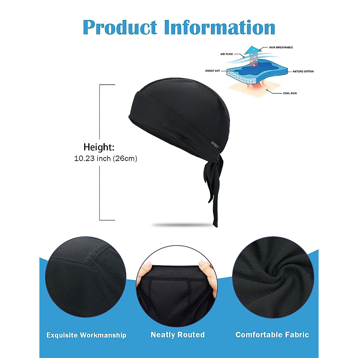 Black Doo Rags Sweat Wicking Beanie Cooling Helmet Liner Large Do Rags Skull Caps Head Wraps Dew Rags Hat for Men and Women (Black Pack)