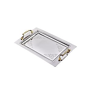 Candymosa Silver Serving Tray with Handles (14”x9”) - Stainless Steel Serving Tray for Drinks and Food - Silver Tray Decorative - Ideal as a Coffee Tray, Bar Tray, Silver Platter or Turkish Tray