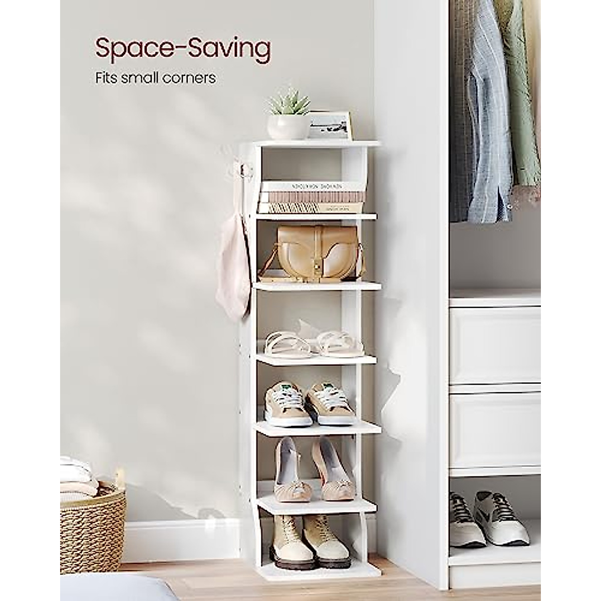 VASAGLE 7 Tier Vertical Shoe Rack, Narrow Shoe Storage Organizer with Hooks, Slim Wooden Corner Shoe Tower Rack, Robust and Durable, Space Saving for Entryway and Bedroom, White ULBS200T14
