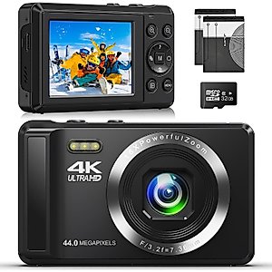 Digital Camera 4K 44MP Compact Camera with 16X Digital Zoom, Auto-Focus Kids Point and Shoot Digital Camera with 32GB SD Card, Portable Camera for Teens Kids Boys Girls