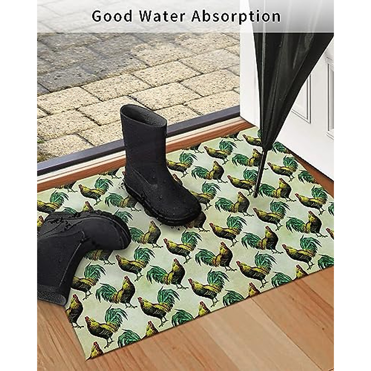 Indoor Outdoor Mats, Retro Farm Rooster Tile Pattern Door Mat, Non-Slip Absorbent Resist Dirt Entrance Mat Washable Welcome Mats for Entryway, Low-Profile Floor Mats