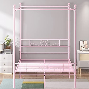 Weehom Metal Canopy Platform Bed Frame with 4 Posters and Headboard Under Bed Storage No Box Spring Needed for Adults Girls Bedroom Decoration Full Size Bed, Pink