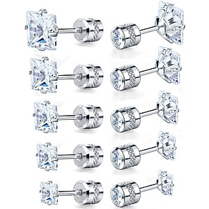 Titanium Screw Back Love Heart Red Cubic Zirconia 316L Stainless Steel Earrings for Women Men Hypoallergenic for Sensitive Ears 4-7mm