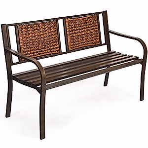 Safstar Outdoor Bench Seat, Metal Garden Bench with Elegant Rattan Backrest & Curved Armrest, 2-Person Loveseat for Front Porch Entry Way Patio Garden, Patio Garden Bench Park Bench Porch Bench