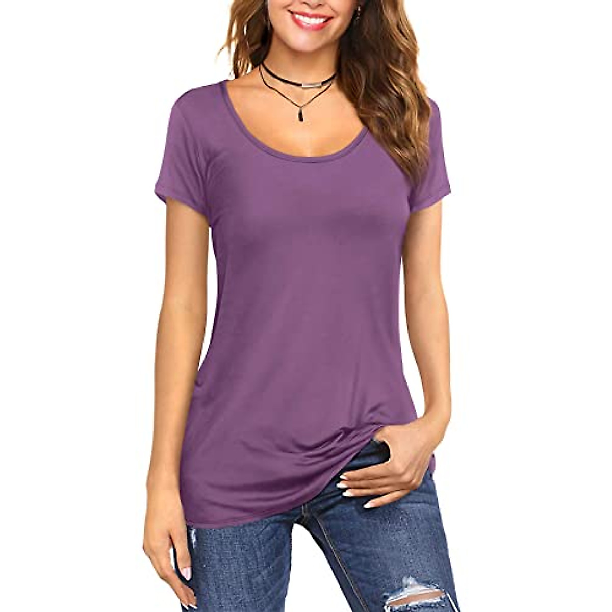 Amoretu Womens Soft Tee Tops Short Sleeve Scoop Neck Tunic T Shirts (Plum, L)
