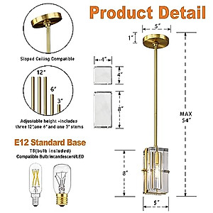 Untrammelife Gold K9 Crystal Pendant Light, 1 Light Modern LED Pendant Lights Kitchen Island, Adjustable Ceiling Hanging Pendant Light Fixtures for Dinning Room Bedroom, T8 LED Bulb Included