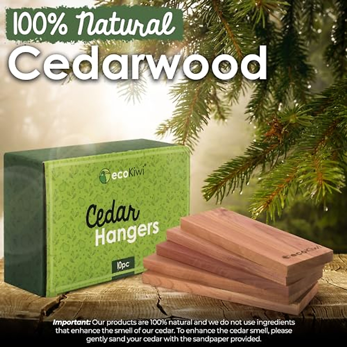 ecoKiwi Cedar Blocks for Clothes Storage - 10 Pack Hanging Cedar Planks - Natural Cedar Chips for Closets and Drawers - Cedar Wood Hangers with Sandpaper - Cedarwood Scent Freshener Protection Control