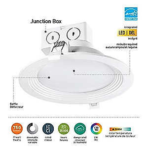 6" LED Integrated Ridged Baffle Round Trim Recessed Lighting Kit 4-Pack, 11 Watts, Energy Star, CEC Title 24 Compliant, IC Rated, Dimmable, White, 6.25" Hole Size,91341