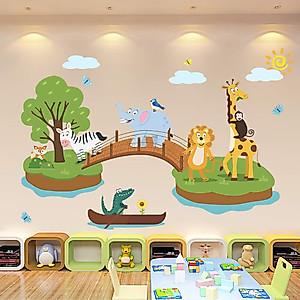 Removable 3D Giant Jungle Animals Lion Elephant Bird Fox on The Bridge Wall Decals Tree Wall Sticker Art Decor for Kids Boys Baby Children Bedroom Living Room Bathroom Classroom Playroom Nursery