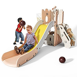 YUYUE 7 in 1 Toddler Slide,Kids Climber Slide with Storage Space and Non-Slip Steps,Indoor Outdoor Playset with Basketball Hoopa and Telescope,Slide for Toddlers Age 1-8,Slip and Slide