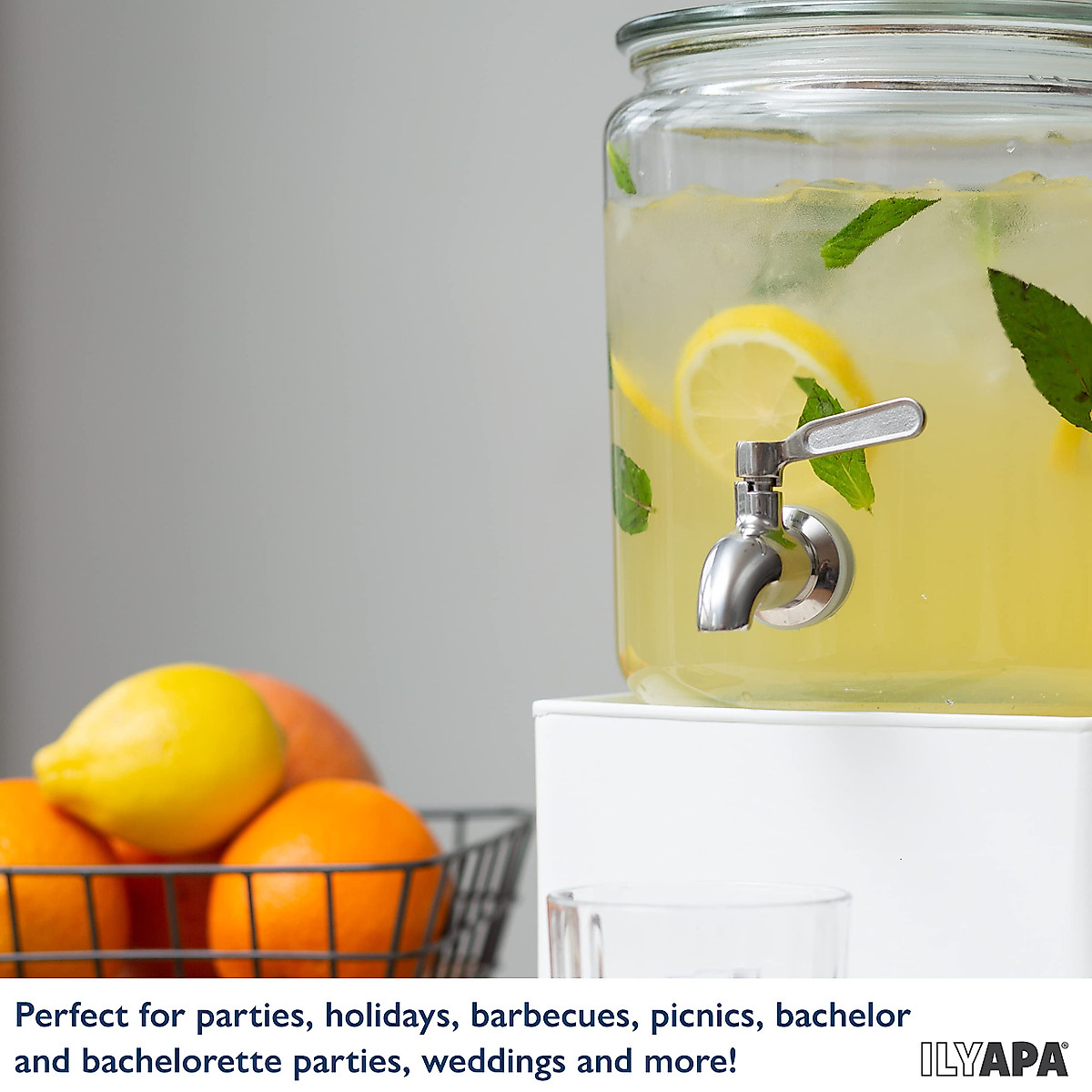 Ilyapa 1 Gallon Apothecary Beverage Dispenser with Lid - 3 Piece beverage dispenser, jar, spigot, lid - Dispensers for Parties - Mason Jar Drinking Dispenser with Lid