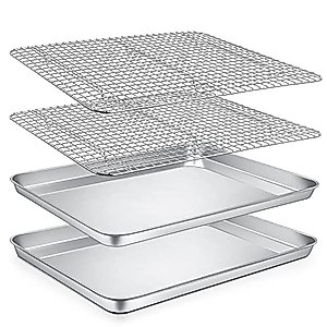 P&P CHEF Baking Sheets and Racks Set (2 Pans + 2 Racks), Stainless Steel Baking Sheet Oven Tray and Cooling Grid Rack for Cookies Meats, Size 16 x 12 x 1 Inch, Oven & Dishwasher Safe