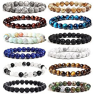 FINZOR 12 Pcs 8mm Gemstones Beaded Bracelets for Men Women Semi-Precious Stone Healing Stretch Round Bead Crystal Bracelets Unisex