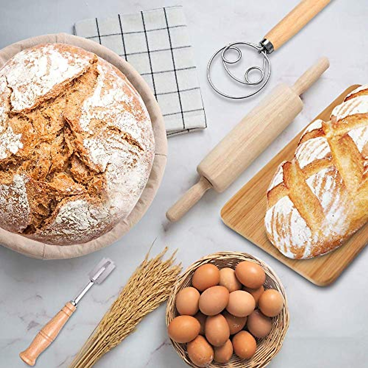 Bread Banneton Proofing Basket Set, 10 Inch Round & 9.6 Inch Oval Bread Proofing Basket Natural Rattan Banneton for Sourdough with Dough Whisk + Dough Scraper + Bread Lame + Cloth Liner