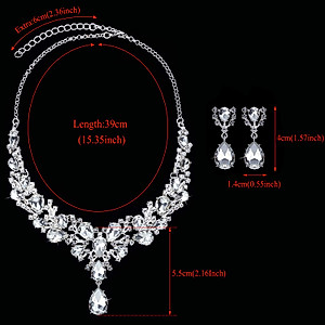 Hicarer Bridal Teardrop Cluster Crystal Jewelry Set for Women Necklace Earrings Wedding (Silver)
