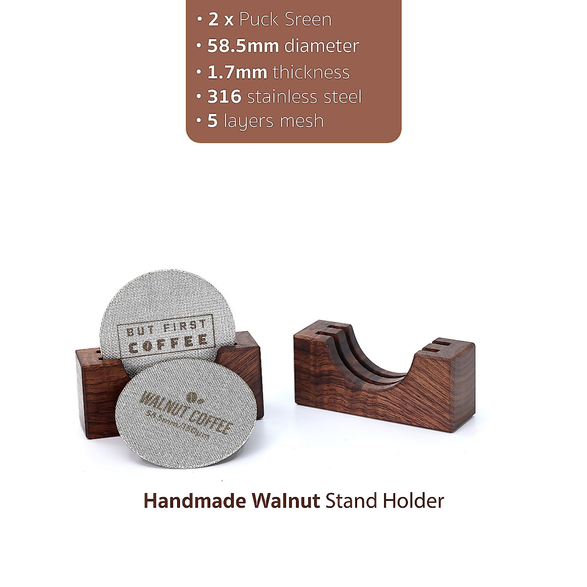 2Packs 58.5mm Espresso Puck Screen | Handmade Walnut Stand | 1.7mm Thickness 150μm 316 Stainless Steel