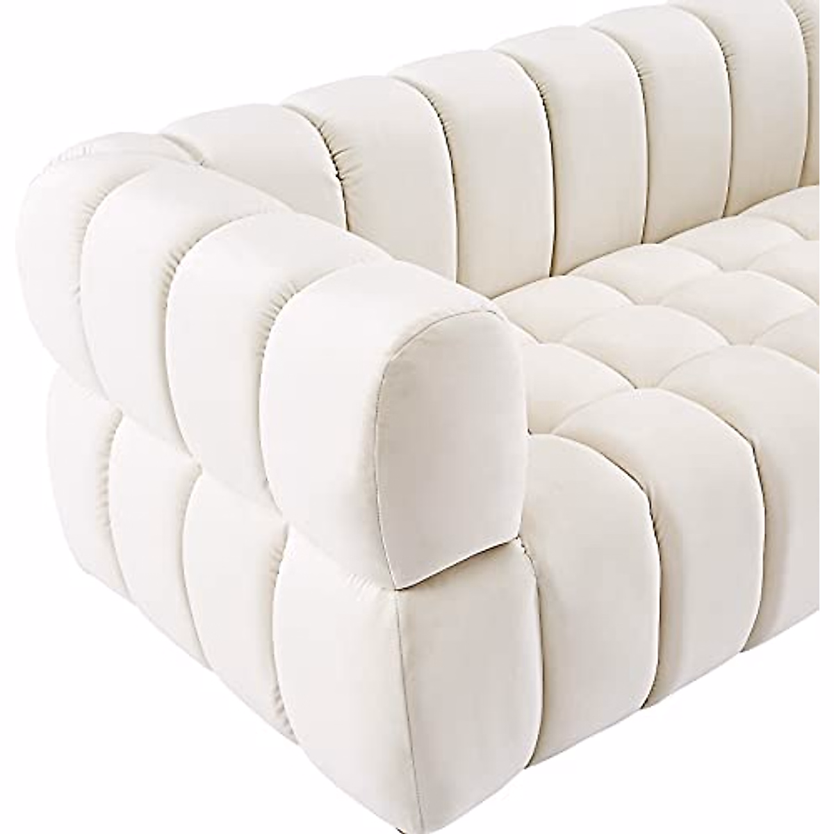 Meridian Furniture Gwen Collection Velvet Upholstered Sofa with Deep Biscuit Tufting, Cream