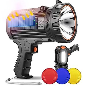 YIERBLUE Rechargeable Spotlight Flashlight with Solar Panels, 1000,000 High Lumen Outdoor Handheld Spot Lights and Flood Light, Foldable Stand and 3 Colors Lenses for Boating Hunting and Camping