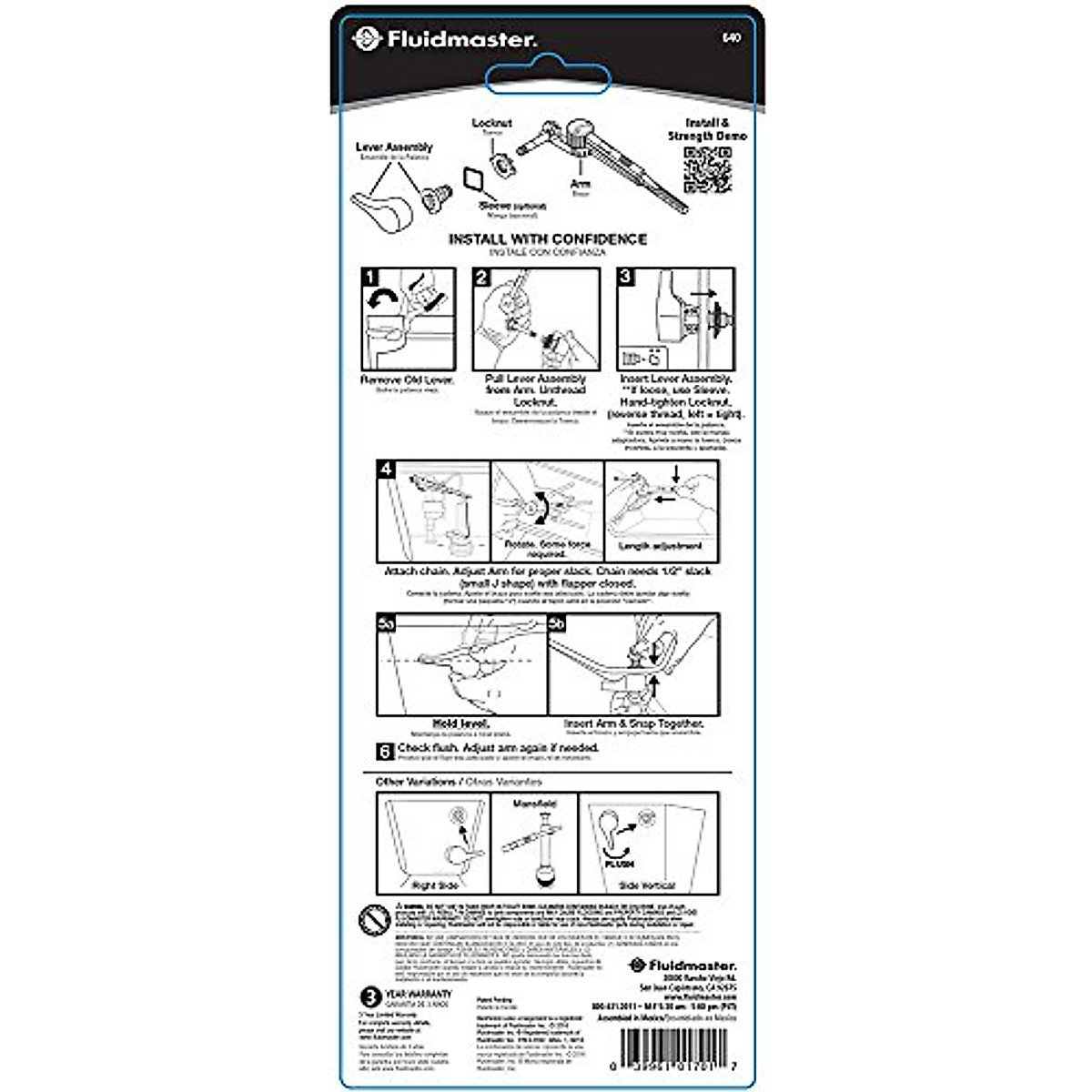 Fluidmaster 640 PERFECT FIT Universal Toilet Tank Flush Lever In White, Plastic Toilet Handle With Adjustable Arm
