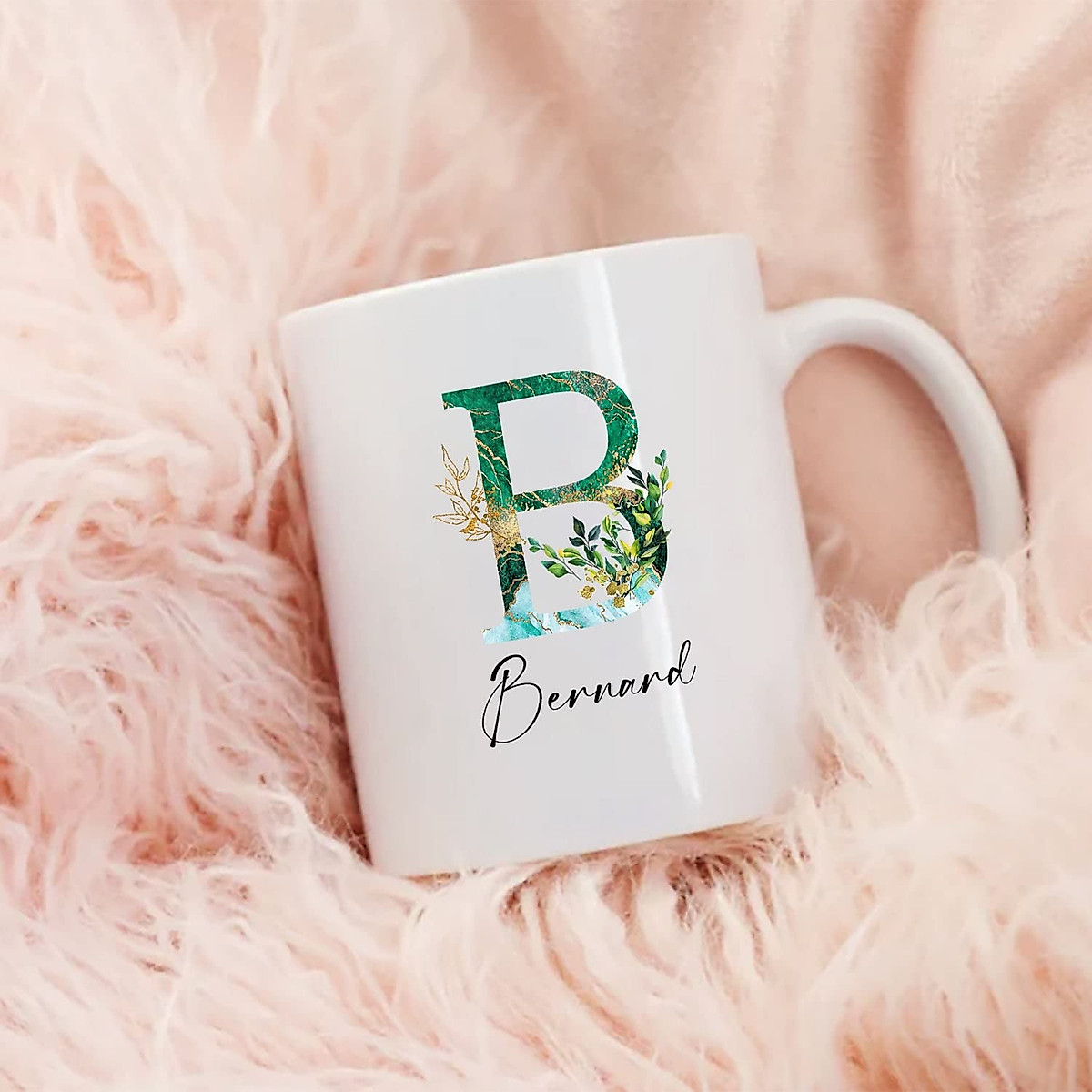 Personalized Ceramic Mug with Add Photo Custom Name Green & Gold Leaf for Women, Customized Coffee Mug Cup 11oz 15oz Gift for Special Day, White Mugs Custom Letter Alphabet Initial for Wife/Mom
