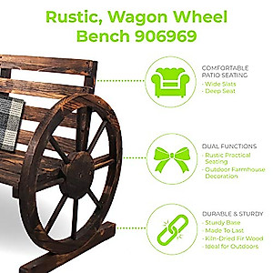 BACKYARD EXPRESSIONS PATIO · HOME · GARDEN 906969-NM Rustic Outdoor Wagon Wheel Design-Slatted Farmhouse Garden, Patio, Porch | Burnt Wood Finish | 2-Person Bench | Backyard Expressions, Brown