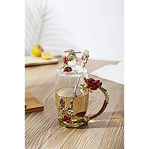 Flower Teacup Transparent Glass Teacup, (With Spoon + Lid) , Fancy Tea Cups , Flower Tea Cup,Tea Cup Gift, Gifts for Women,Mother's Day Present，Gift Box. (Rose Red High Cup)