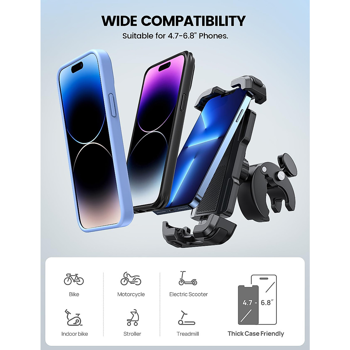 Lamicall Motorcycle Phone Mount, Bike Phone Holder - Upgrade Quick Install Handlebar Clip for Bicycle Scooter, Cell Phone Clamp for iPhone 16 15 Pro Max/ 14/13, Galaxy S10 and More 4.7-6.8" Phone