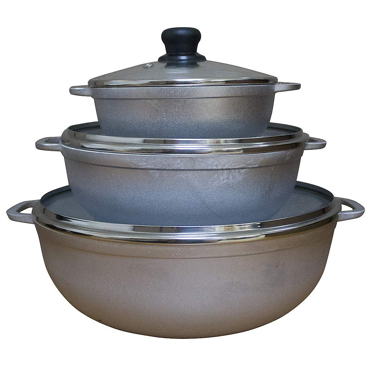 IMUSA USA Traditional Colombian Natural Caldero Glass Lid & Steam Vent 3-Piece (1.4/3.4/6.6) Quart, Silver (Dutch Oven Set) & GAU-80503 2.6Qt Traditional Colombian Caldero (Dutch Oven), Silver