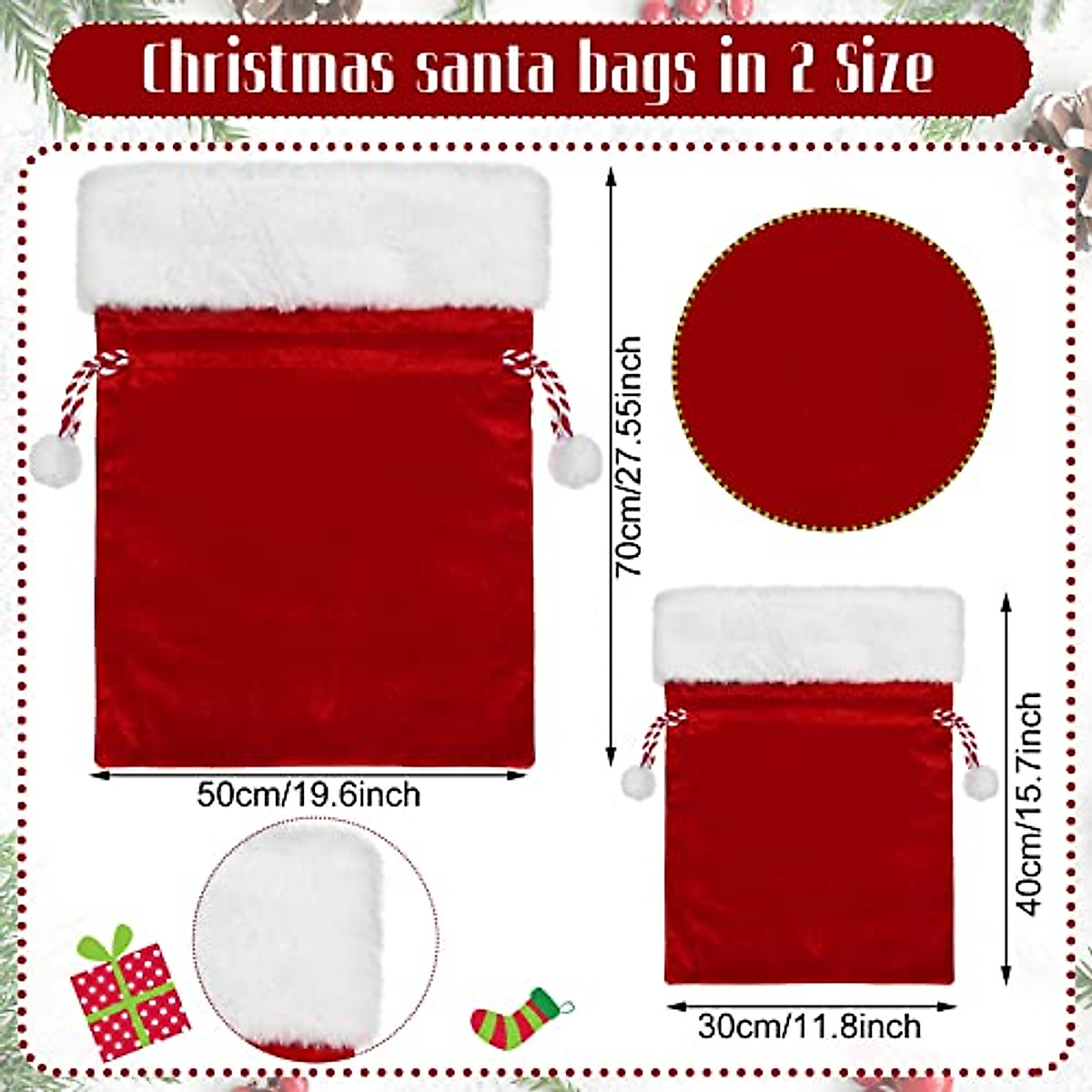 2 Pieces Christmas Velvet Bags with Drawstring in 2 Size Large Christmas Santa Gift Sack for Xmas Playing Santa Present Toy (Red, Simple Style)