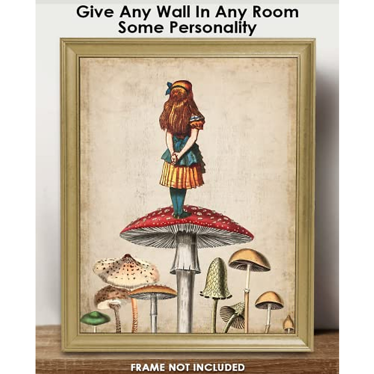 Whimsical Alice Atop Mushrooms Wall Art Print - 11x14 Unframed Picture For Home, Office, Classroom, Dorm, Living Room & Bedroom Decor - Creative Gift Idea For Alice Fans