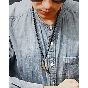 Jewever Black Obsidian Wolf Tooth Necklace Natural Stone Healing Crystal Pendant with Extend Bead Chain Unisex