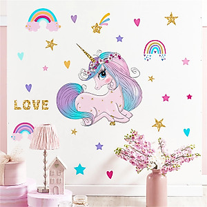Lovely Pink Unicorn Rainbow Stars Wall Stickers, sacinora Cute Animal DIY Wall Decals Removable Vinyl Peel and Stick for Nursery Kids Baby Living Room Children's Room Bedroom Art Decoration