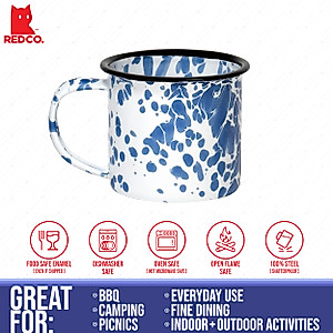 Red Co. Set of 6 Enamelware Metal Small Classic 5 Oz Round Coffee and Tea Mug with Handle, Navy Blue Marble/Black Rim – Splatter Design