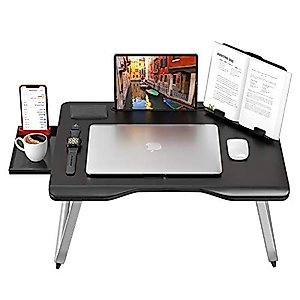 Laptop Bed Table, AboveTEK 25.6"x 19.29" Large Foldable Laptop Desk for Bed w/ Storage Drawer, Phone Holder, Book Tablet Stand, Cup Holder - Heavy Duty Lap Desk for Adults Bed & Sofa(Black)