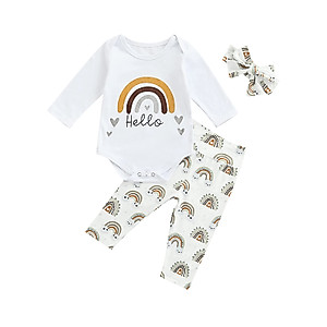 Newborn Baby Girl Rainbow Outfit Long Sleeve Romper Top + Rainbow Pants+ Headband 3Pcs Infant Fall Winter Clothes (White, 6-12 Months)