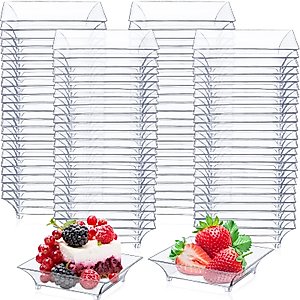 300 Pcs 1 oz Mini Dessert Plates Square Plastic Salad Plate Disposable Clear Plates for Tasting Exquisite Party Serving Trays for Appetizers Chocolates Ice Cream Fruit and More, 2.4 x 2.4 Inch