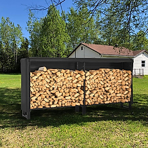 Unikito 8ft Black Anti-Rust Powder Coated Steel Firewood Rack with Waterproof Cover, for Outdoor Fire Pit, Patio, Porch, Backyard Deck