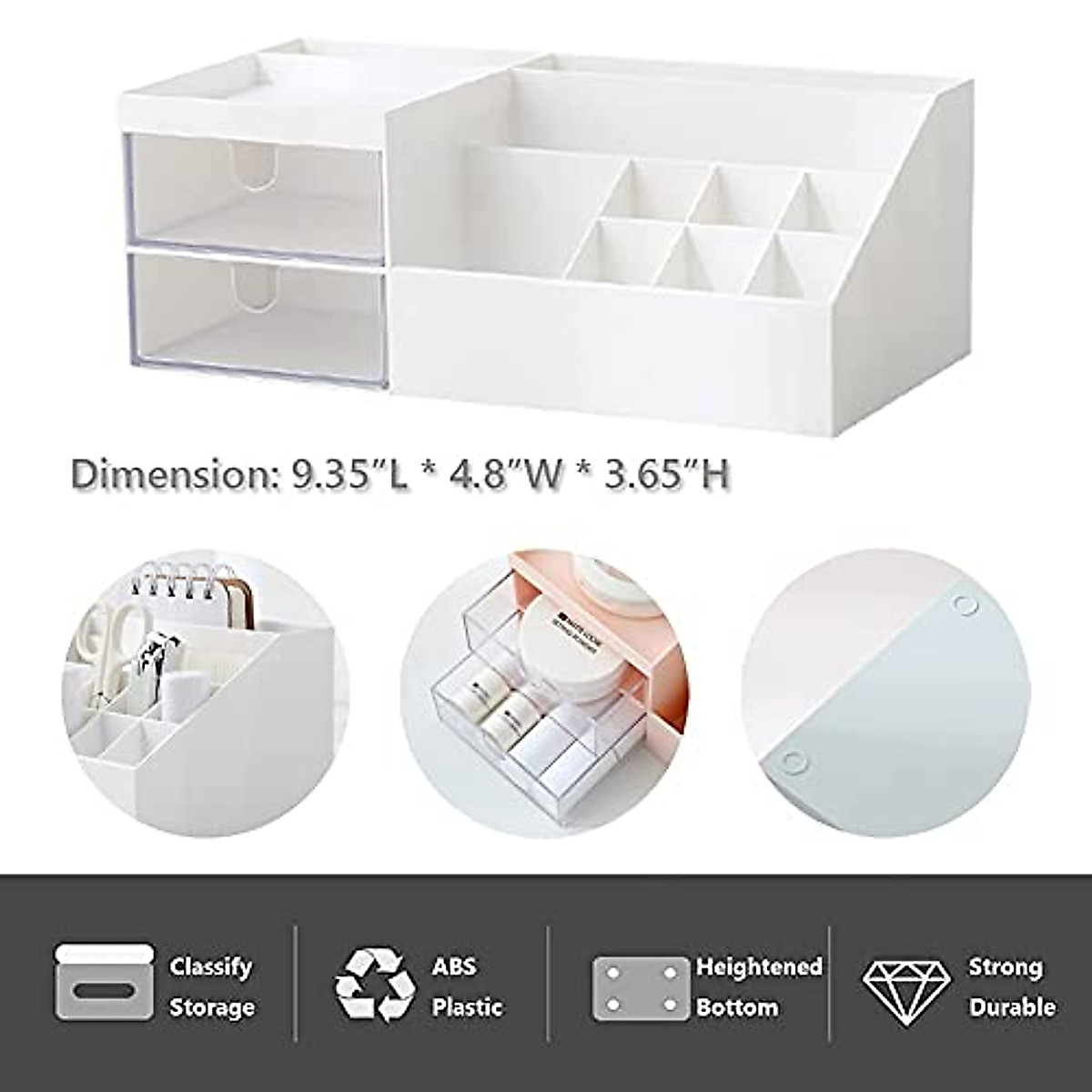 Kayviex Makeup Desk Organizer, DIY Makeup Storage Box with Drawers for Cosmetics, Skincare, Lipsticks, Jewelry, Ideal for Bedroom and Bathroom Countertop, Pure White