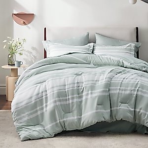 Bedsure Twin Comforter Set 5 Pieces, Sage Green Striped Bedding Set for Twin Size Bed Reversible, Cationic Dyeing Bed in a Bag with Comforter, Sheets, Pillowcase & Sham