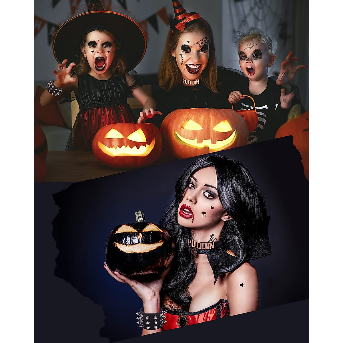 ABONDEVER Quinn Puddin Choker Halloween Set Adjustable Punk Leather Letter Collar Necklace Tattoo Stickers Rivets Spike Bracelet Halloween Harley Cosplay Accessories for Women (Black-B)