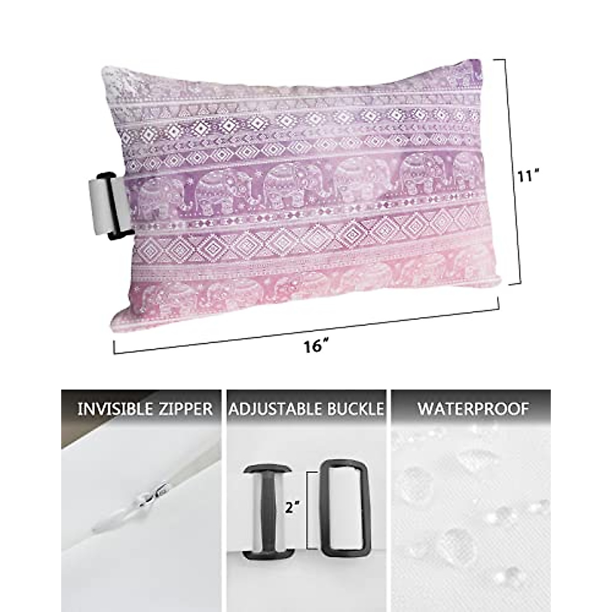 Recliner Head Pillow Ledge Loungers Chair Pillows with Insert Traditional Elephant Bohemian Floral Texture Pink Lumbar Pillow with Adjustable Strap Patio Garden Cushion for Sofa Bench Couch, 2 PCS