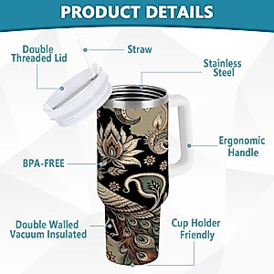 Maunzc 30 oz Tumbler with Handle and Straw, Insulated Stainless Steel Travel Mug with Lid for Coffee, Iced Tea, Water, Gift for Men Women (Peacock Paisley Textile)