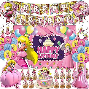 Mario Princess Peach Birthday Party Supplies for Girls, Princess Peach Party Decorations Include Banner, Princess Peach Balloon, Backdrop, Cupcake Toppers for Princess Peach Birthday Decorations