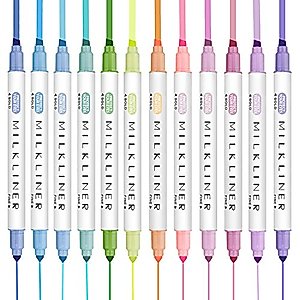 YOOUSOO Double Highlighters Pens Assorted Colors, 12 Colors Broad and Fine Tips Highlighter Pastel Marker Set for Student Office Classroom