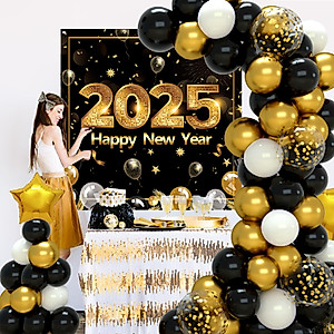 Happy New Years Eve Party Supplies 2025,New Years Decorations Black and Gold Confetti Balloon Garland Arch Kit Happy New Year Backdrop Banner for New Year Party Anniversary Retirement Graduation