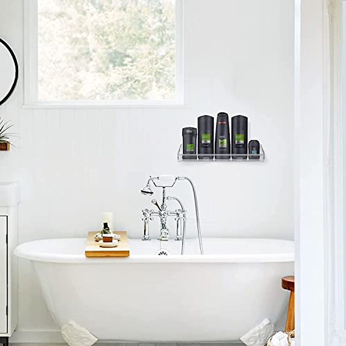 2 Pack Acrylic Bathroom Shelf with Hooks Clear Shower Shelf Wall Mounted No Drilling Thick Clear Storage Transparent Wall Mounted Display Shelving No Drilling Thick Storage Display Shelves15L*4W*2H