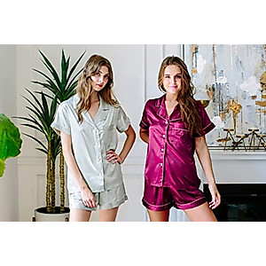 Queens Bridal Women’s Short Sleeve Silk Satin Pajama Set 2 pieces Button Down Loungewear Sleepwear (Hot Pink, Small)