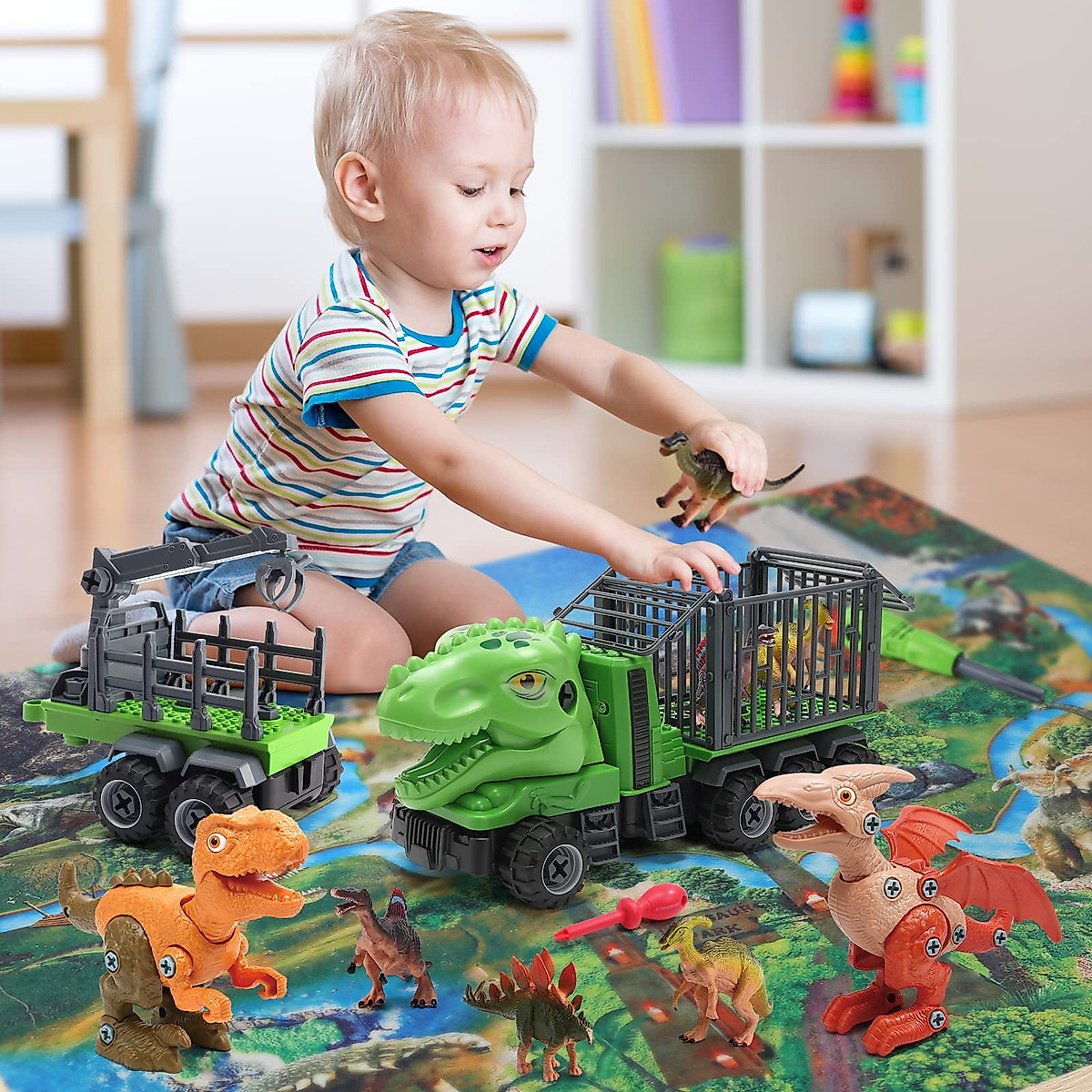 skirtoy DIY Building Dinosaur Toys for Kids, Take Apart Dinosaur Transport Truck with Playmat, 2 Dinosaur Toy, 4 Dino Figures, 2 Tools, Dinosaur Construction Playset Birthday Gift for Boy Girl